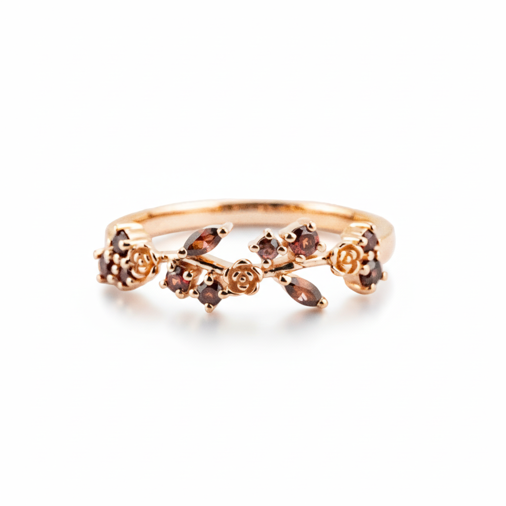 Botanical Elegance -Unique Garnet Rose Gold Leaf Ring --Gemify Space